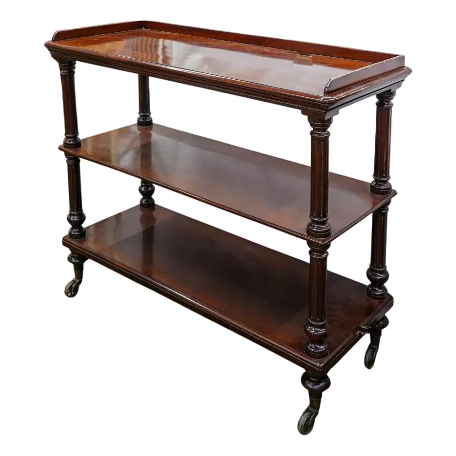 English Mahogany Three Tiered Butler's Trolley Large Casters | Chairish