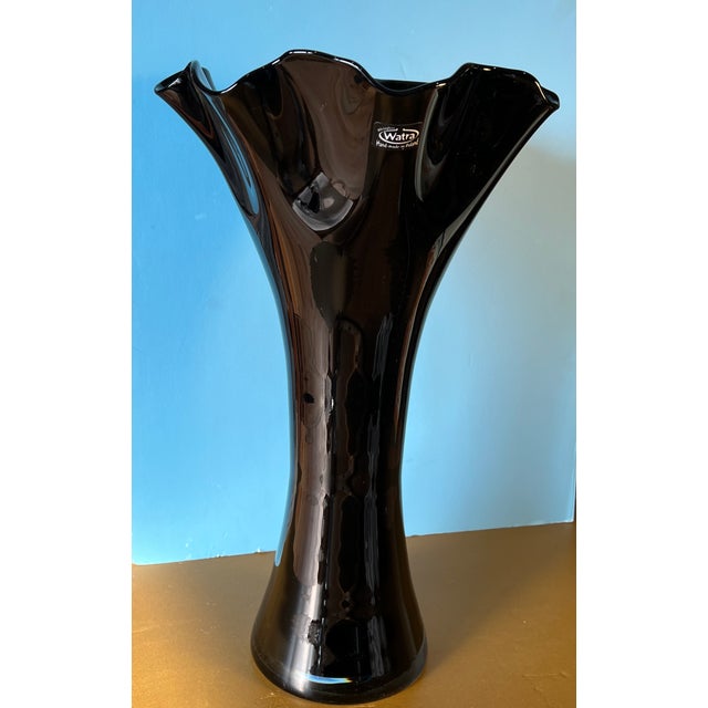 Watra Art Glass Black Trumpet Vase With Wavy Lip Alicja Poland | Chairish