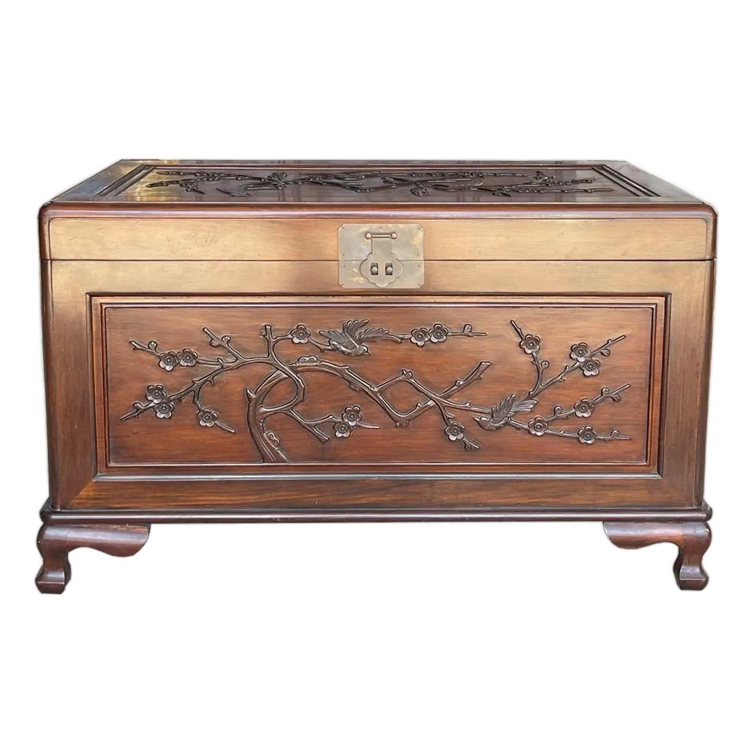 Dark Cherry Rosewood Flower and Bird Chinese Cedar Chest | Chairish
