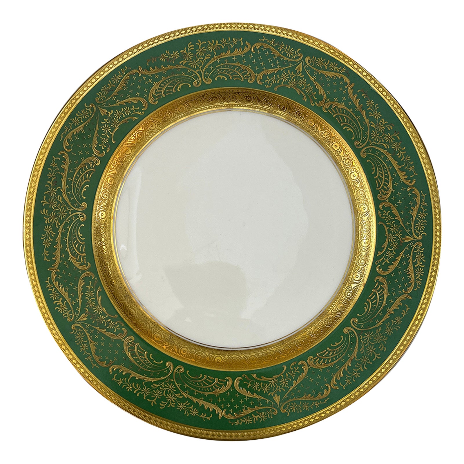 Mid 20th Century Limoges France Green and Raised Gold Fine China Round ...