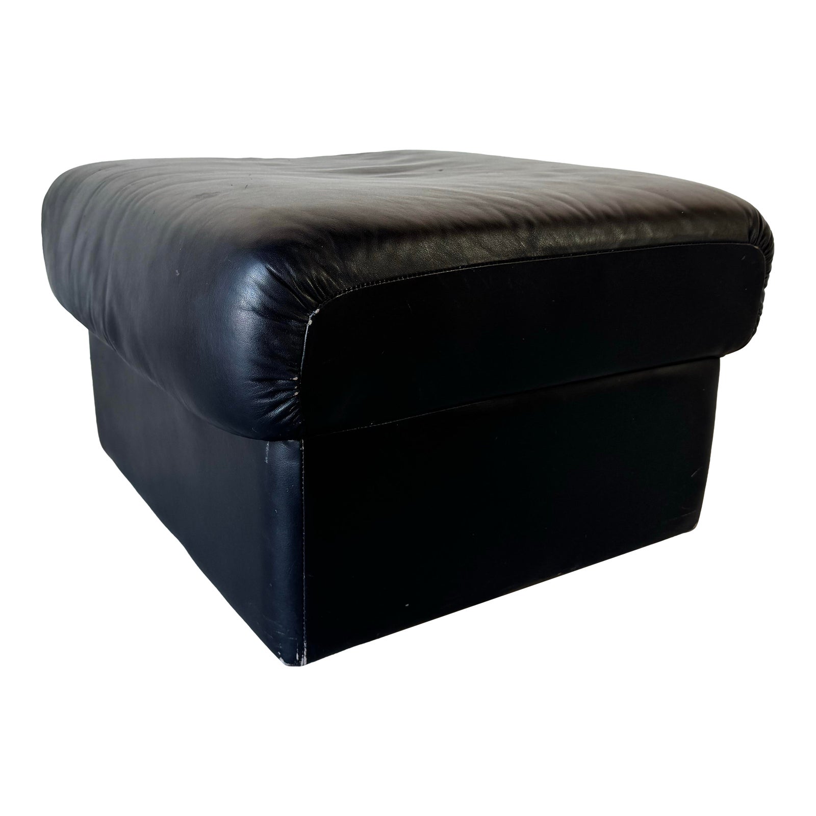 Vintage Italian Postmodern Black Leather Ottoman by Natuzzi | Chairish