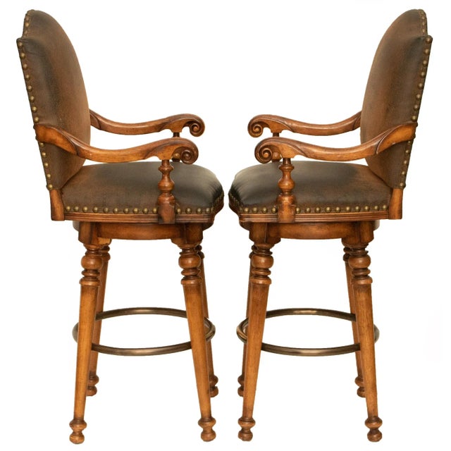 Late 20th Century Spanish Colonial Wood and Faux Leather Barstools, a ...