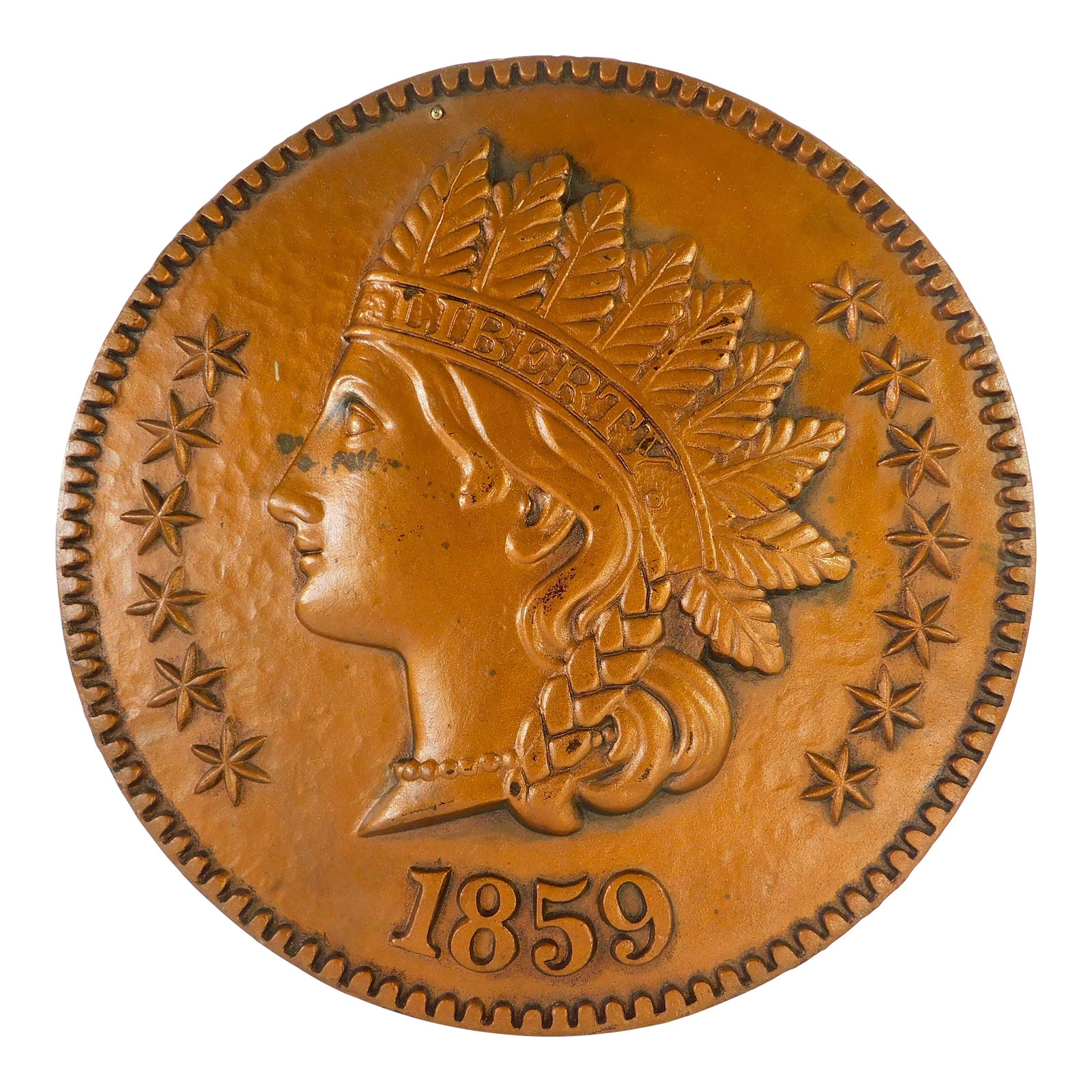 Large Vintage Burwood Indian Head Liberty Penny Coin Wall Plaque | Chairish
