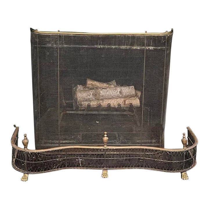Antique Brass Fireplace Fender, Screen & Tools Set—5 Pieces | Chairish