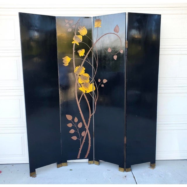 1930s Art Deco Chinese Black Lacquer and Gilt Gold Decorated Four-Panel ...
