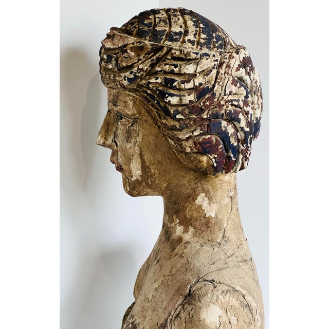 Antique Carved Wooden Polychrome Bust of Woman | Chairish