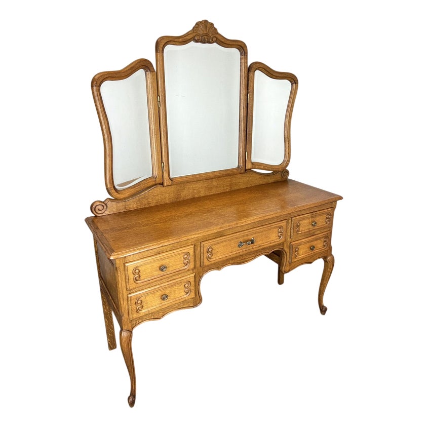 Vintage French Louis Style Oak Dressing Table with Mirror | Chairish