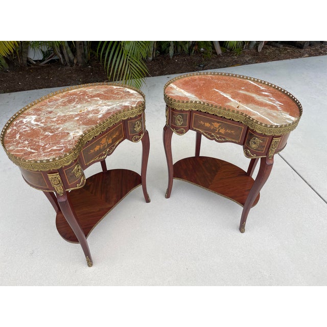 1980s Pair Kidney Side Tables With Top Marquetry and Bronze Gold Edges ...