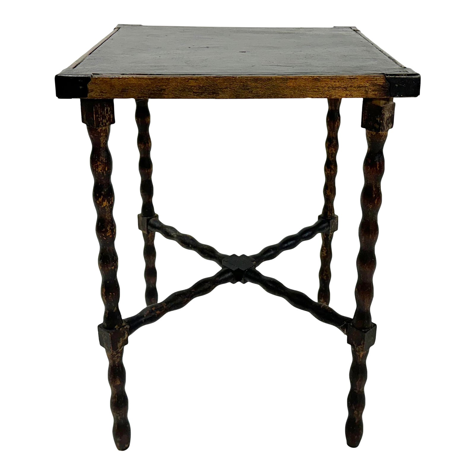 Vintage Petite Leather Top Turned Leg Side Table | Chairish