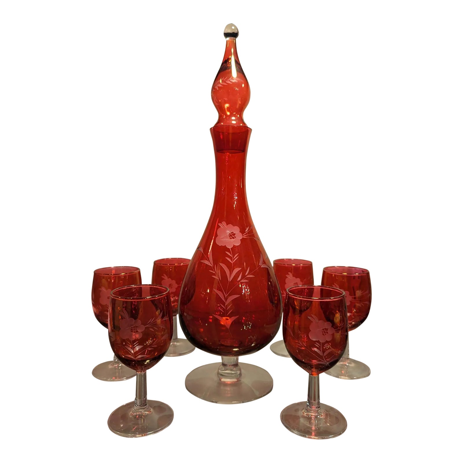 1960s Ruby Flashed Decanter and 6 Stems Set | Chairish