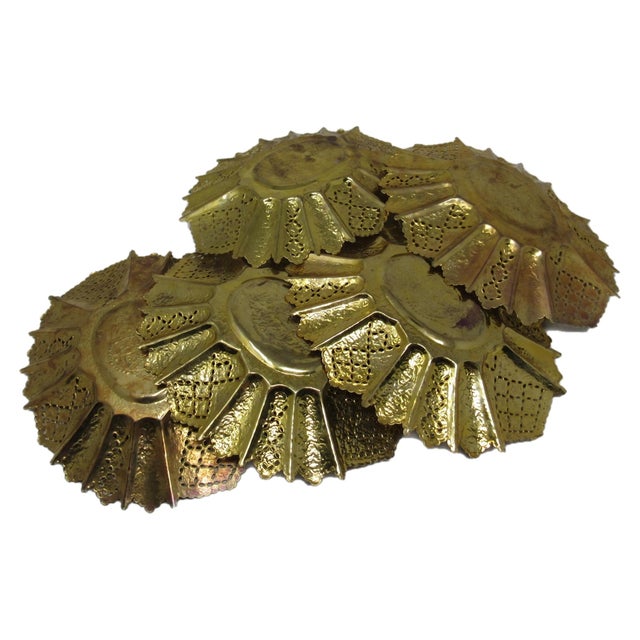 Vintage Hammered and Pierced Brass Footed Serving Platter and Matching ...