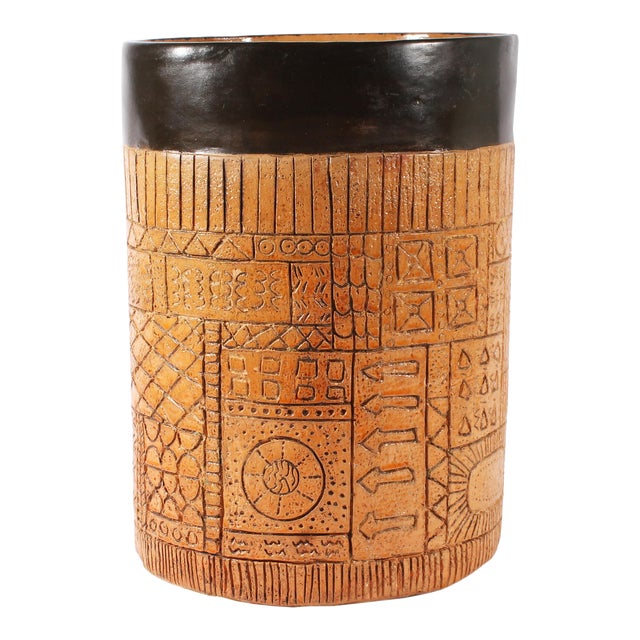 Jim Summers Pottery Vase Canister With Incised Design | Chairish