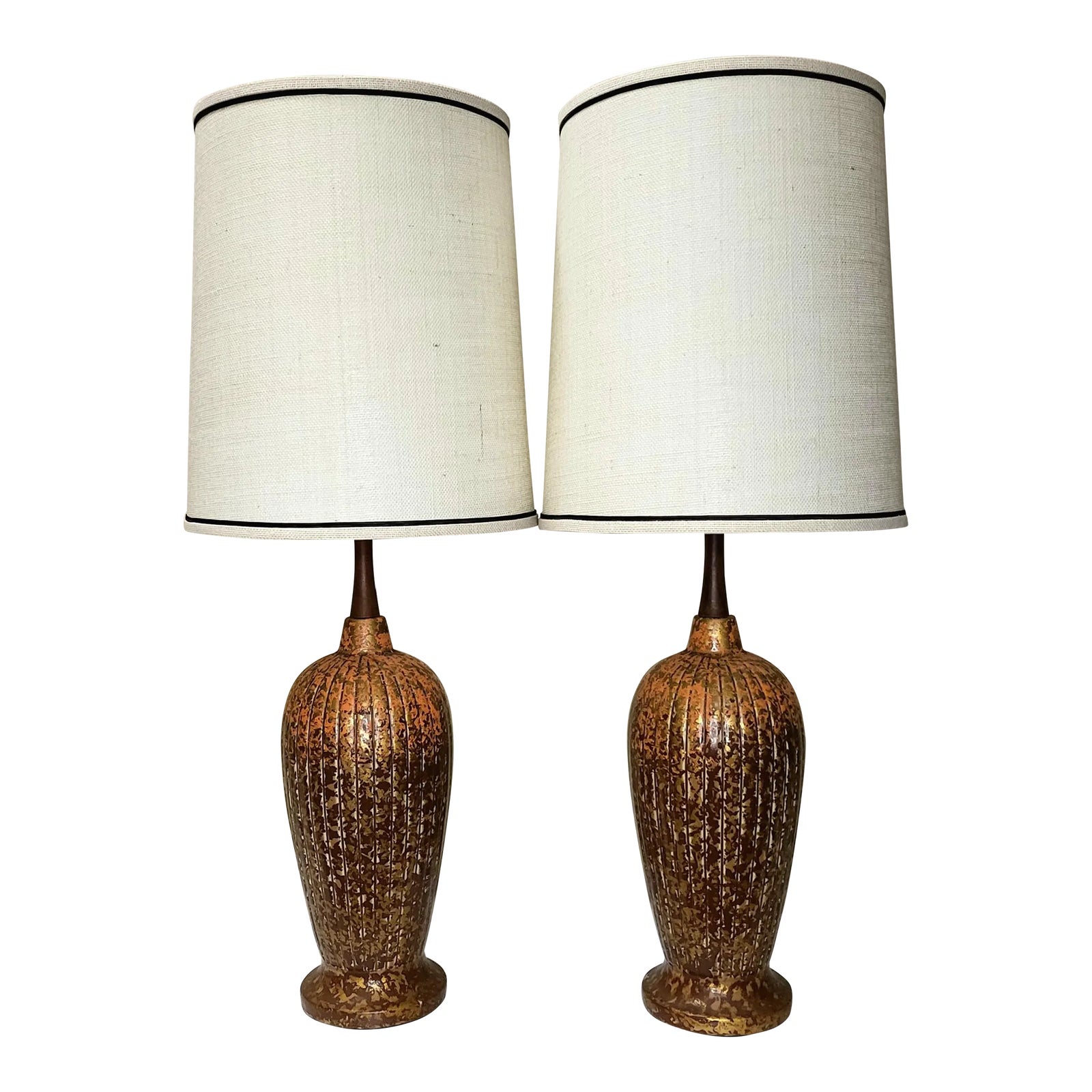 Vintage MCM Speckled Table Lamps With Burlap Shades - a Pair | Chairish