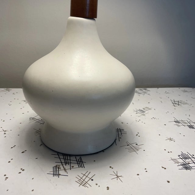 Vintage Danish Modern Style Leviton Ceramic & Wood Table Lamp | Chairish