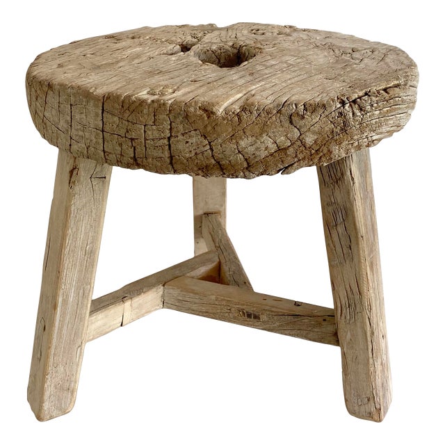 Antique Rustic Wood Wheel Side Table | Chairish