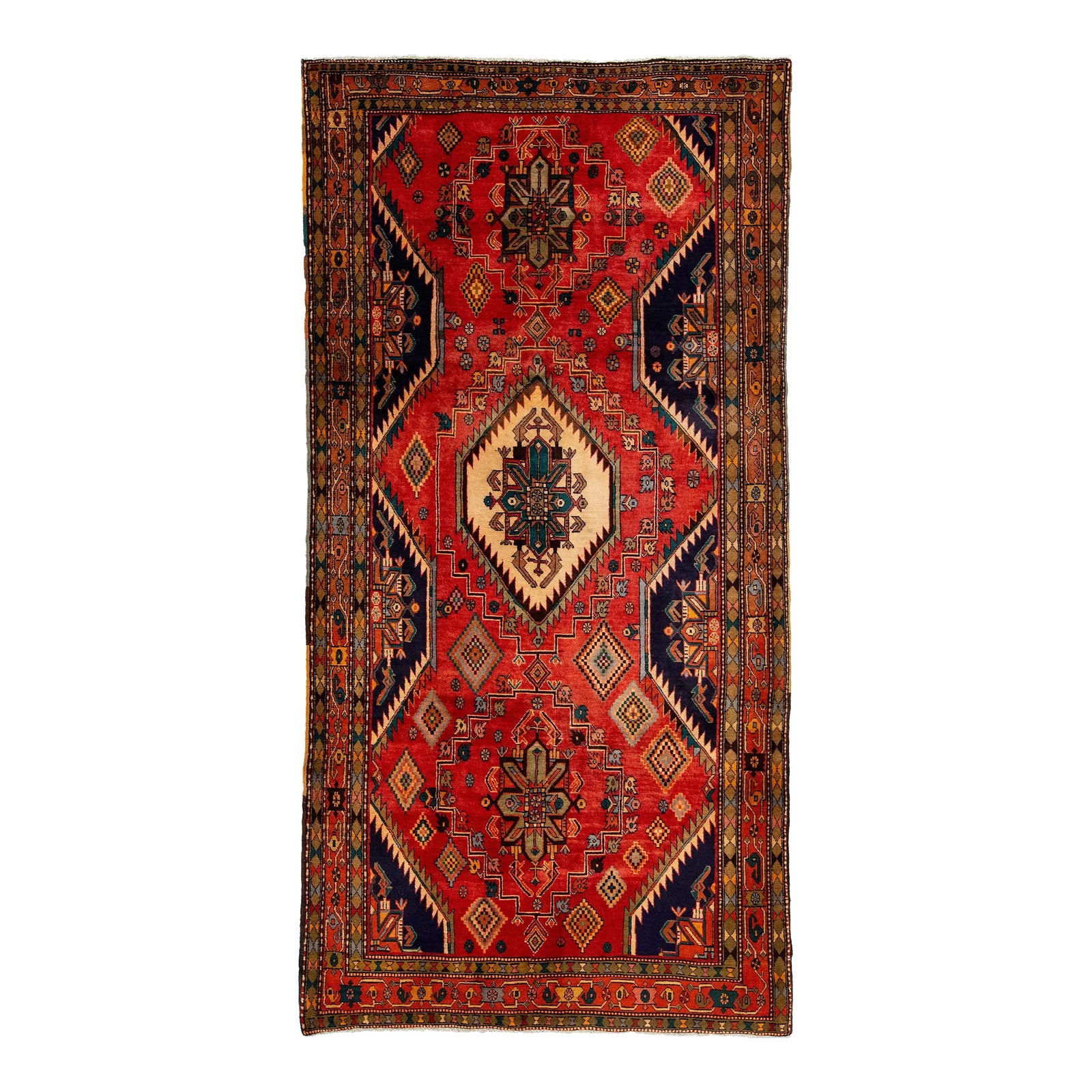 Vintage Heriz Red and Blue Wool Rug Allover Design | Chairish