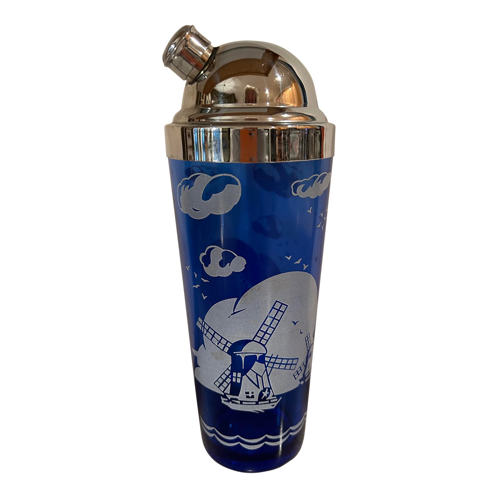 Art Deco 1940's Cobalt Blue Glass Cocktail Shaker Windmill Cloud Water ...