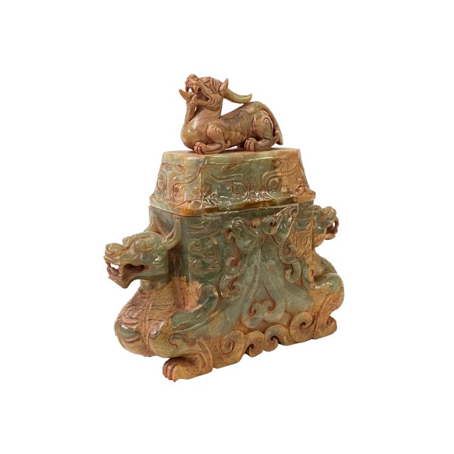 Chinese Stone Carved Tan Green Rectangular Pixiu Incense Burner Display ...