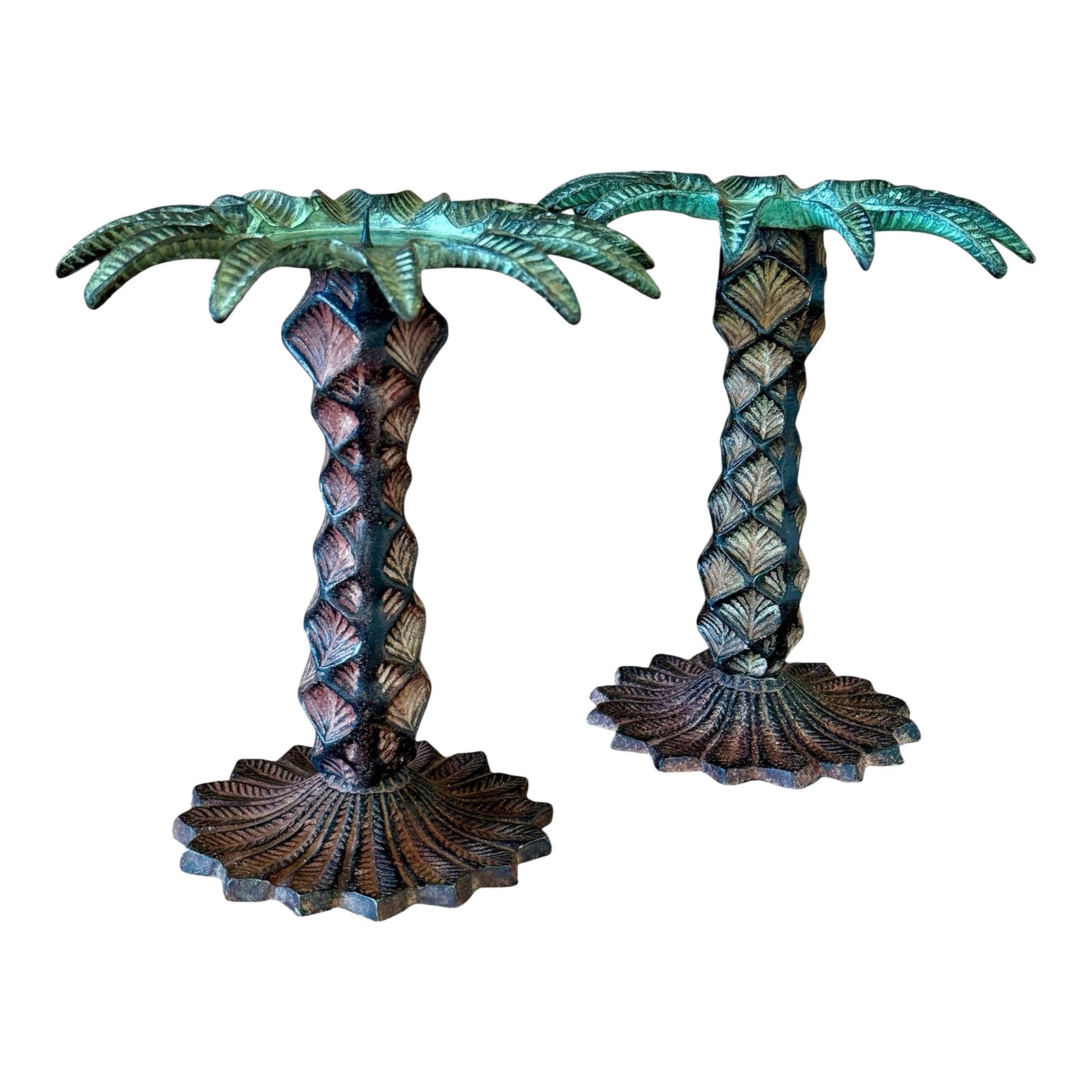 Pair of Vintage Cast Iron Palm Tree Candlestick Holders With Verdigris ...