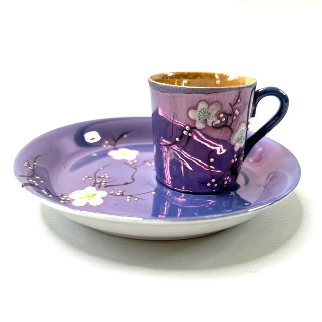 1990s Japanese Blue & Gold Lusterware Espresso Cups & Saucers with Hand ...