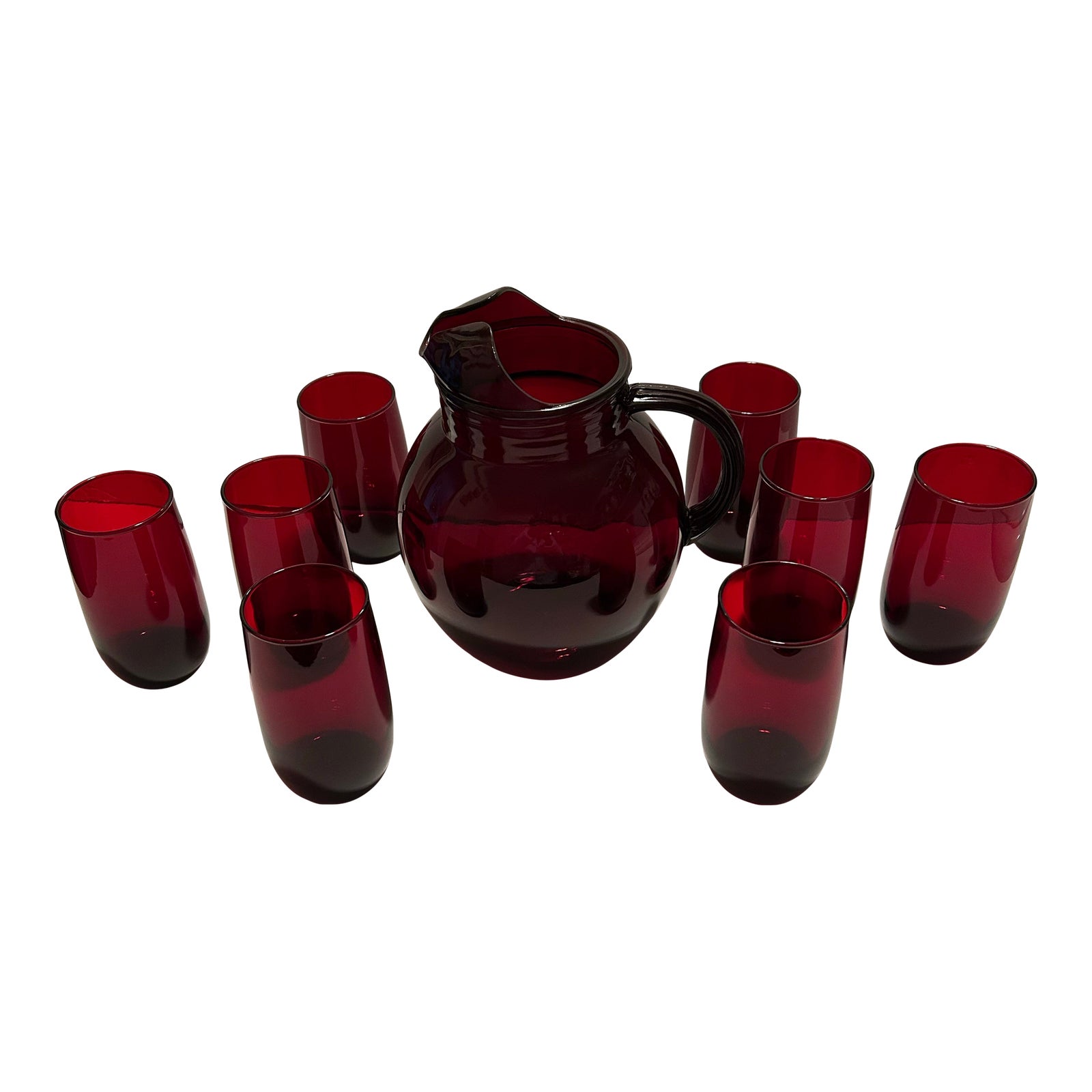 Anchor Hocking Roly Poly Royal Ruby Pitcher With 8 Flat Iced Tea Glasses | Chairish
