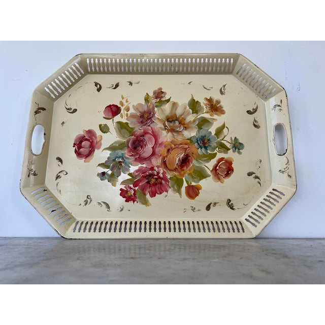 Antique Metal Painted Floral Tray | Chairish