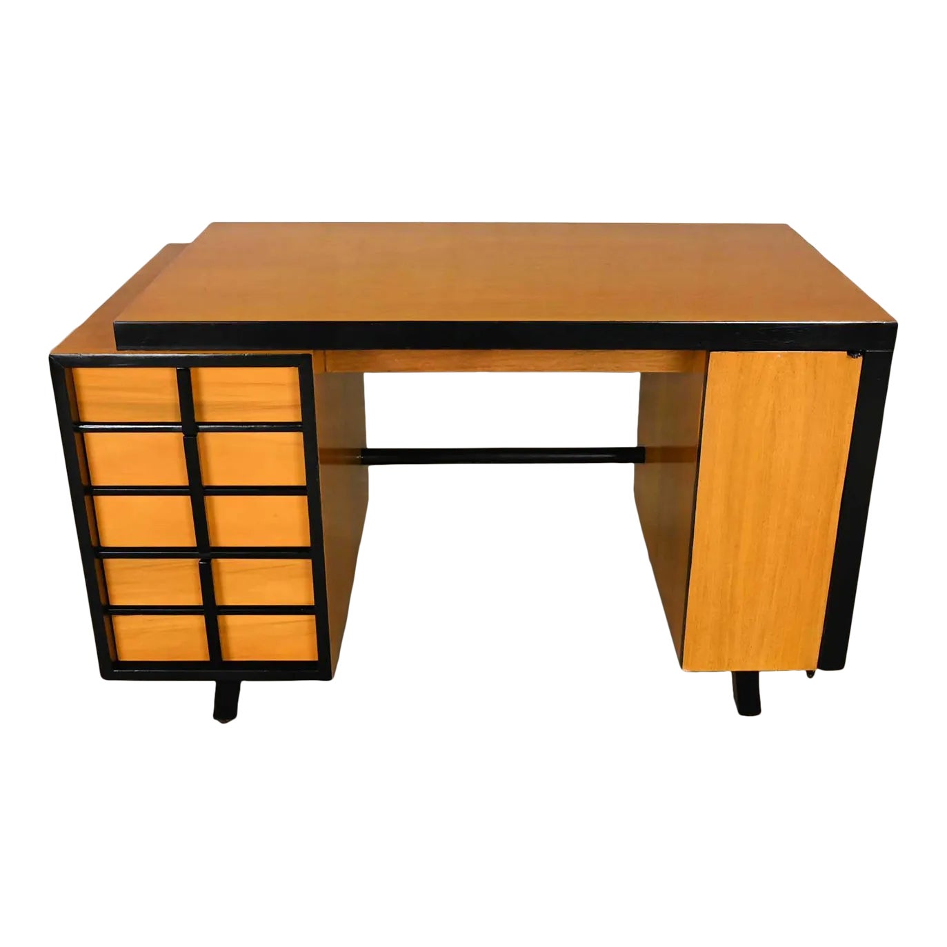 Vintage Mid Century Modern Art Deco Maple Colored Desk With Black ...
