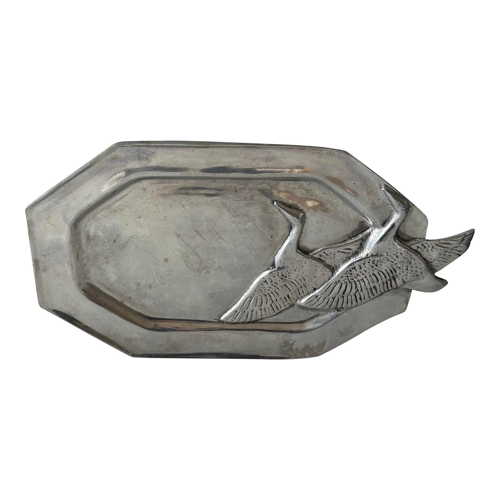 Vintage Pewter Octagonal Serving Platter With Geese Design | Chairish