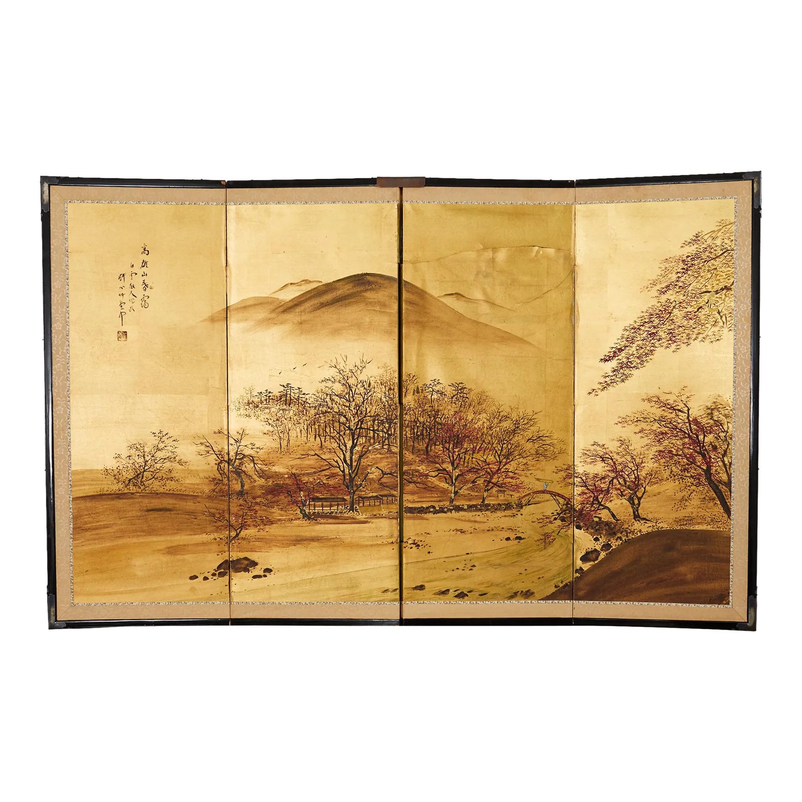 Japanese Showa Four Panel Screen Autumn Landscape on Gilt | Chairish