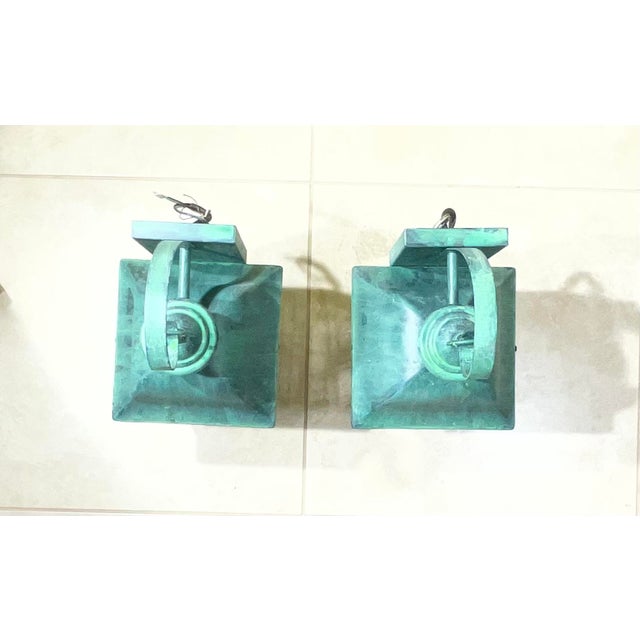 Pair of Verdigris Finish Steel Outdoor Wall Sconces - Seeded Glass 18”x ...