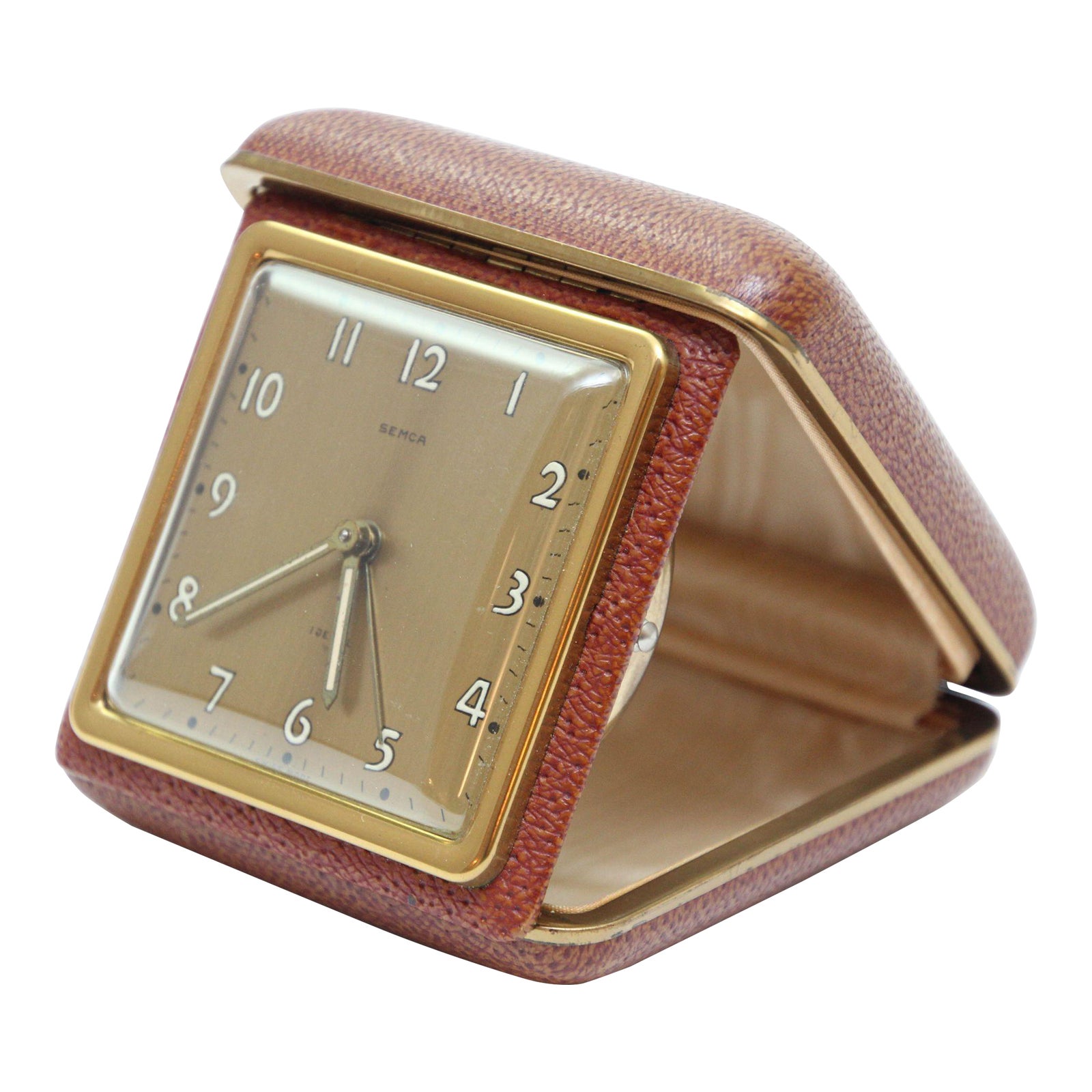 Semca Desk Clock Brass and Brown Travel Alarm Clock | Chairish