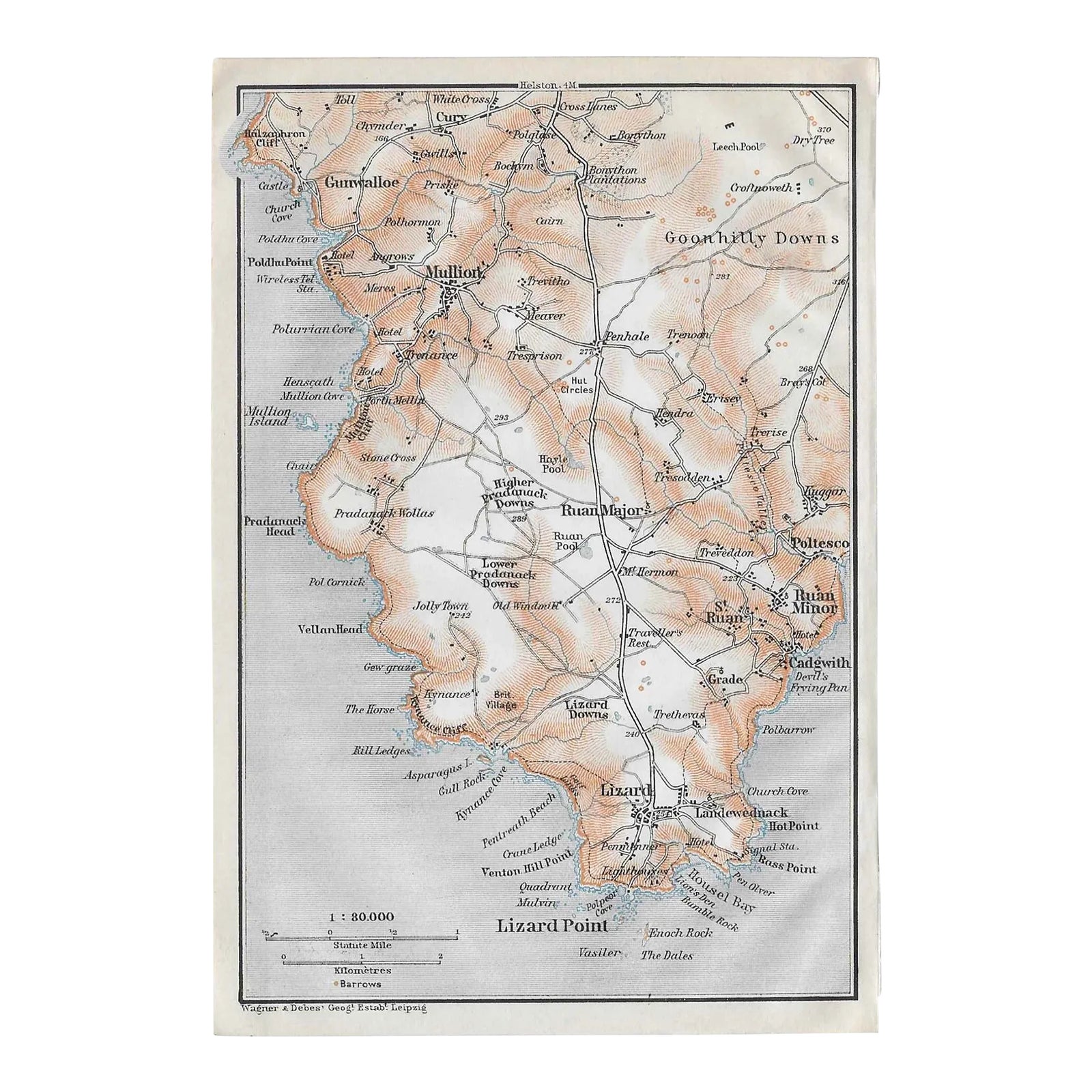 1910 Antique Map of Lizard Point in Cornwall England | Chairish