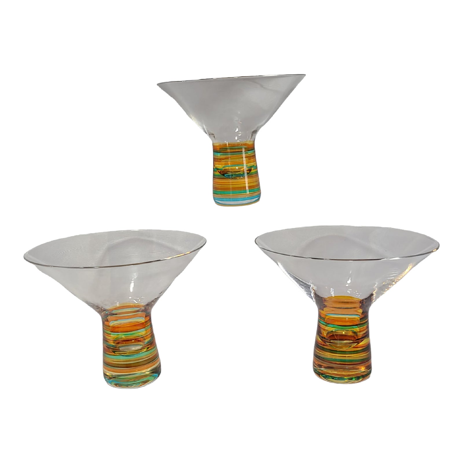 Set Of 3 Vintage Rainbow Colored Stem Base Art Glass Martini Glasses