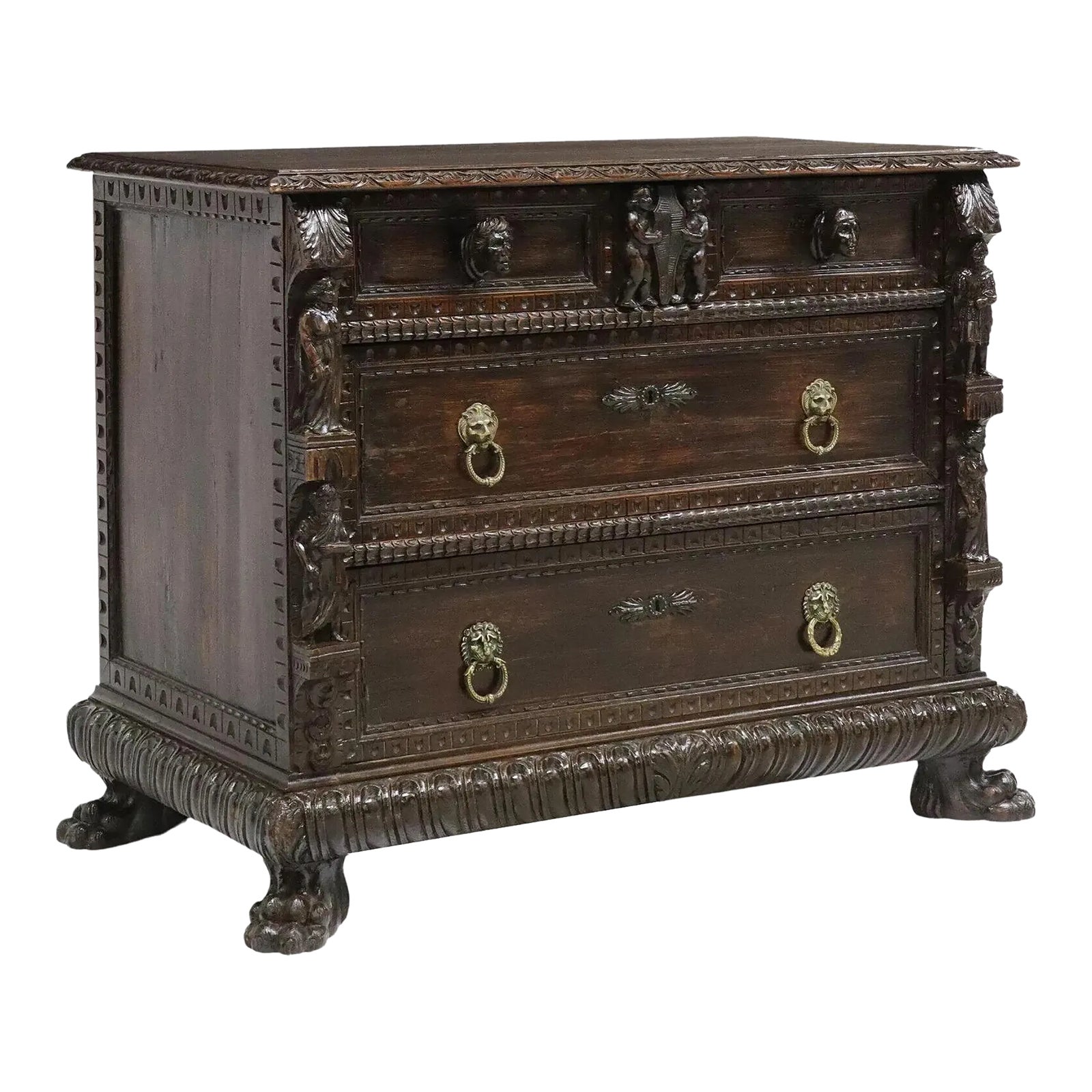 19th C. Antique Italian Renaissance Revival, Figural, Drawers, Carved ...