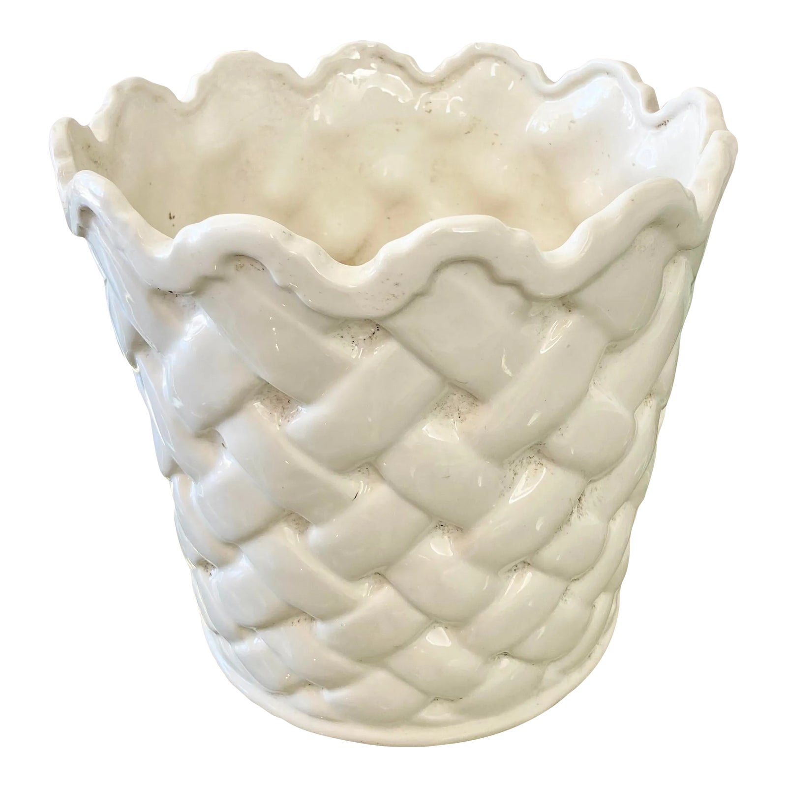 Glazed White Ceramic Hollywood Regency Cache Pot | Chairish