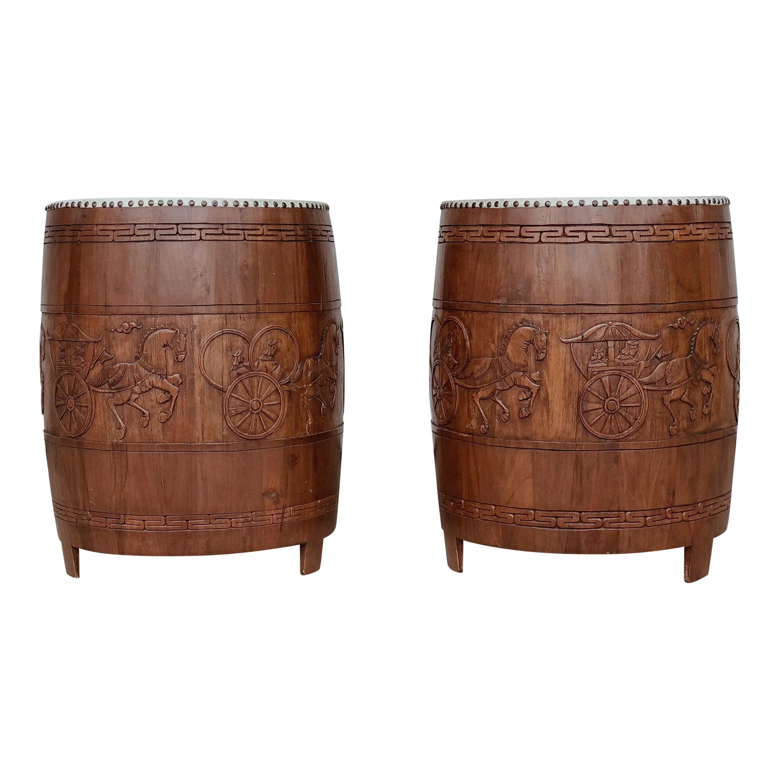 Early 20th Century Carved Conga Drum Tables - a Pair | Chairish