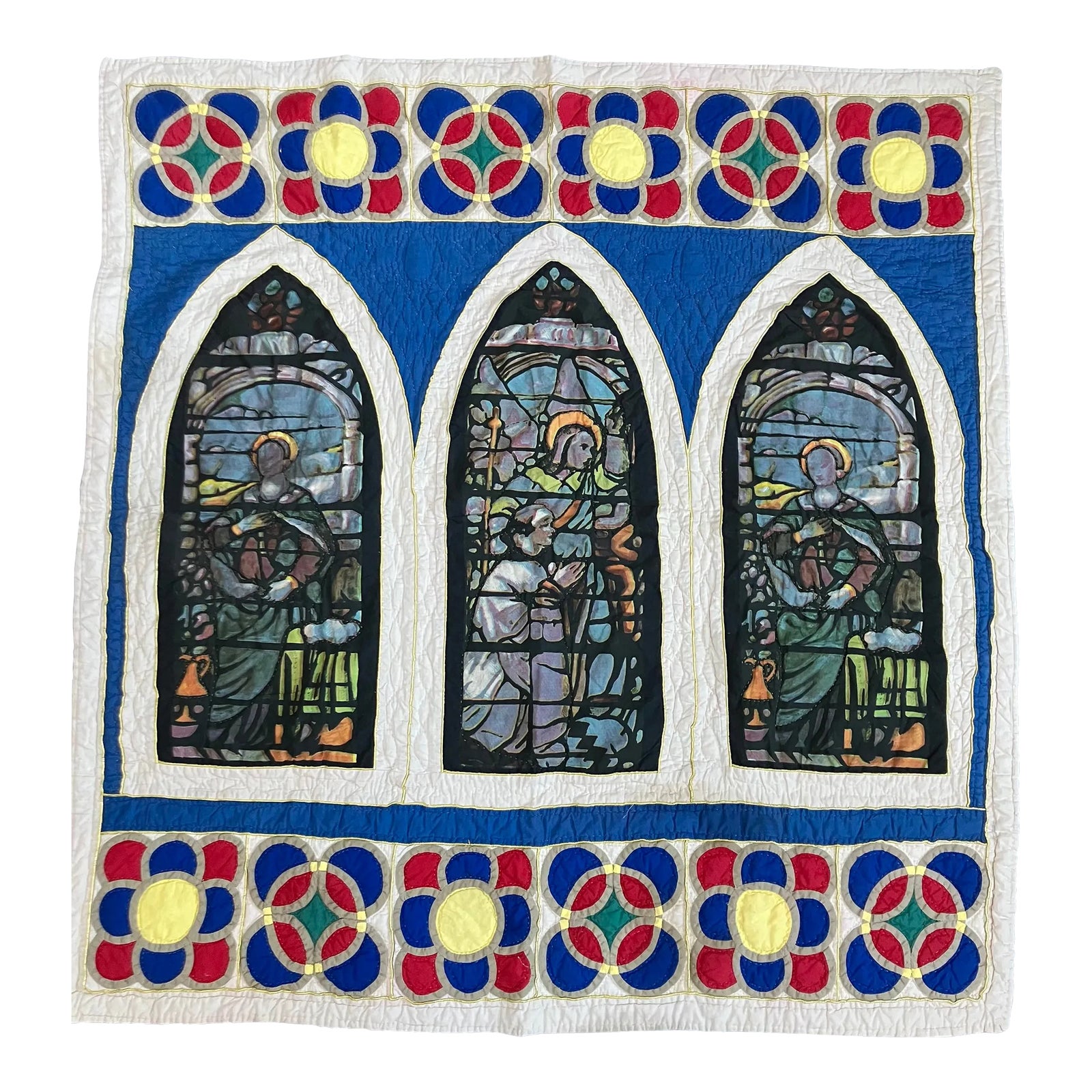 1970s Vintage Printed Stained Glass Appliqué Quilt | Chairish