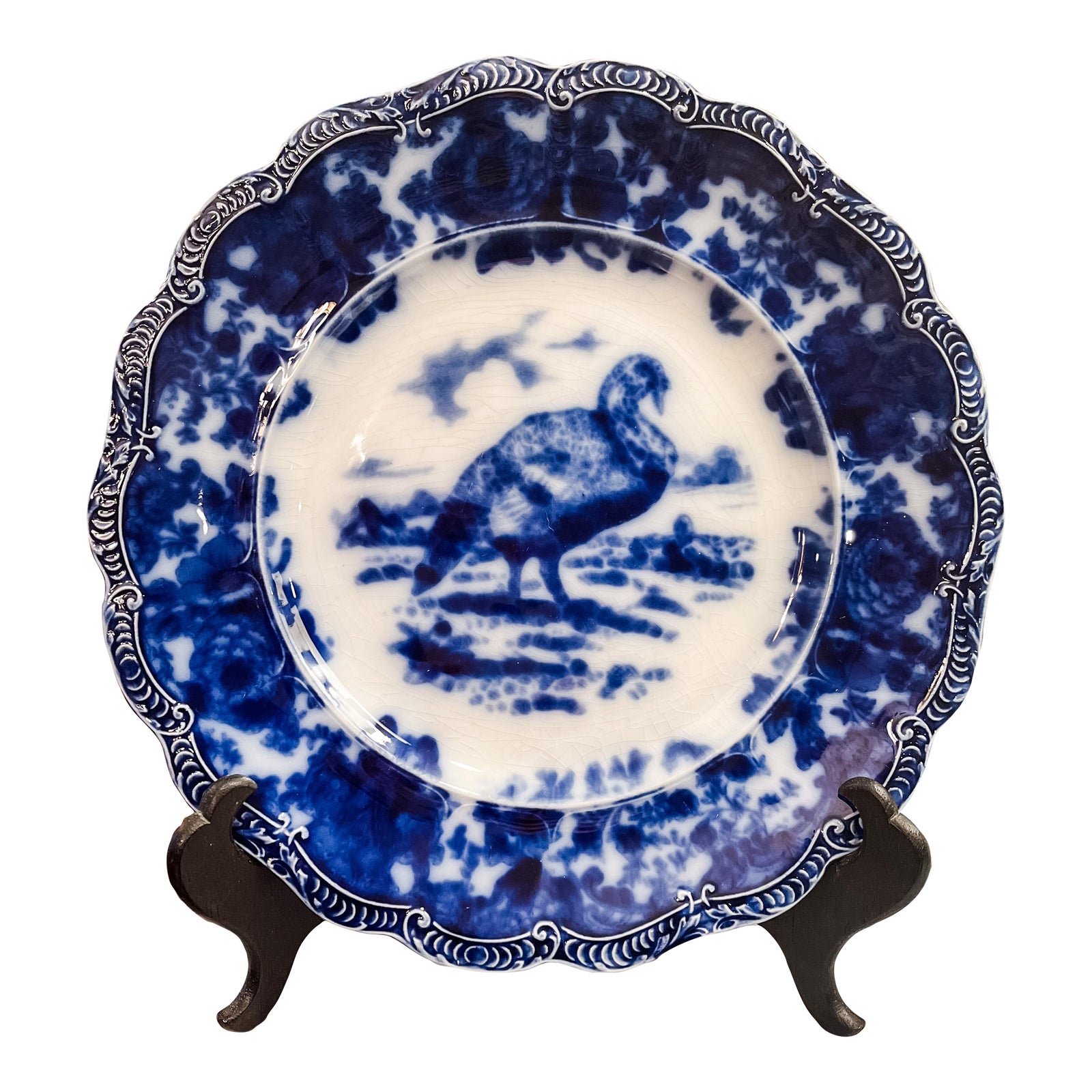 Antique Ridgways Staffordshire Flow Blue Turkey Plate | Chairish