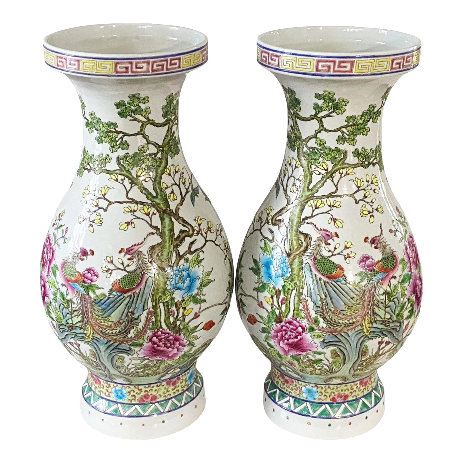Chinoiserie Hand Painted Famille Rose Phoenix Vases /Pair 21" H | Chairish