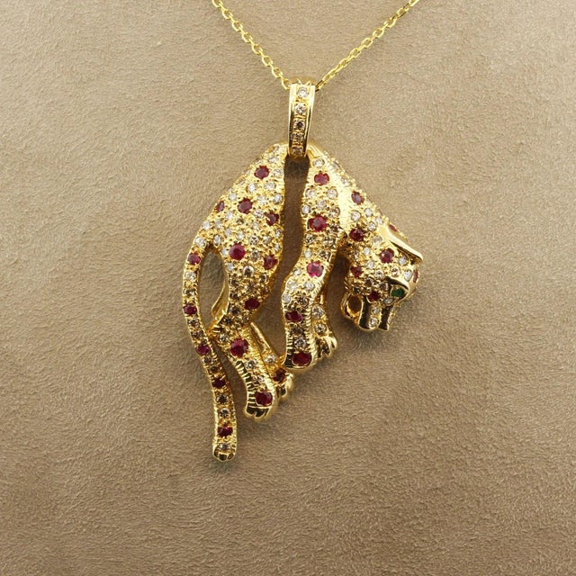 Diamond Ruby Emerald Gold Panther Pendant | Chairish