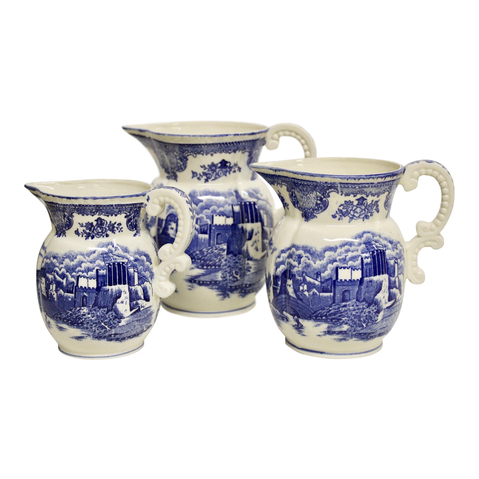 Scenic Blue Transferware Graduated Pitchers, S/3 | Chairish