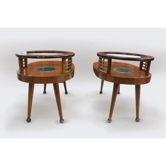Gilbert Rohde Style Oval Pair of End Tables With Brass Details | Chairish