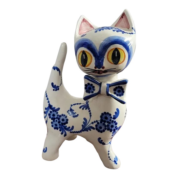 Vintage Italian Blue and White Glazed Cat With Bowtie | Chairish