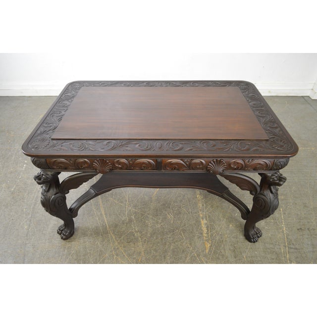 Horner Antique Carved Standing Winged Griffin Library Table Desk | Chairish