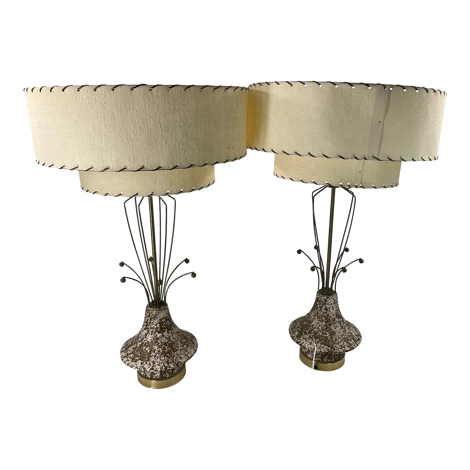 Pair Mid-Century Modern Atomic Table Lamps Wire Double Shade Hand Tied ...