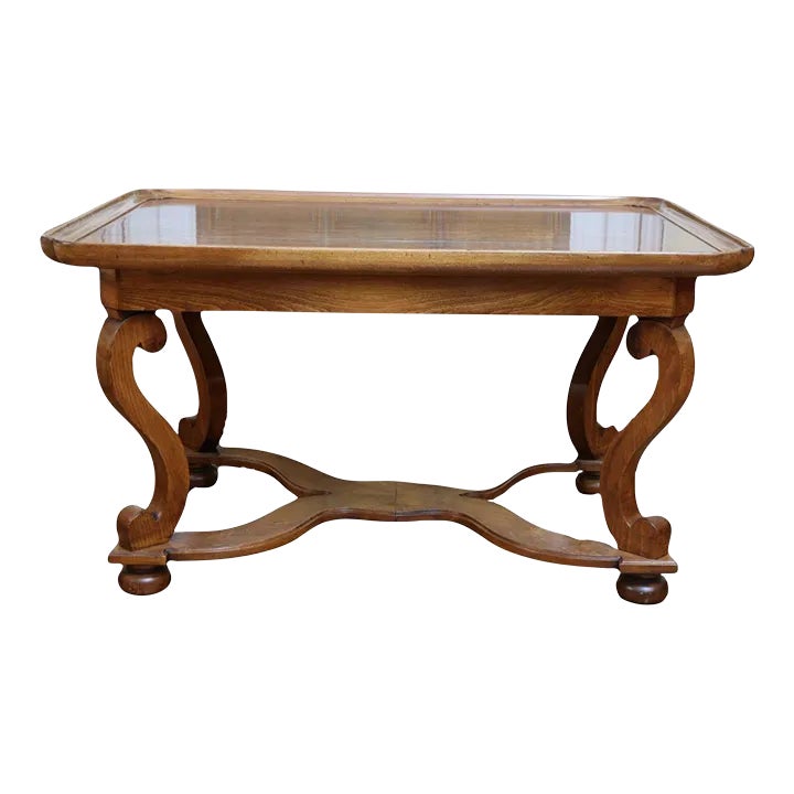 Walnut Library Table With Scroll Legs and X Stretcher | Chairish