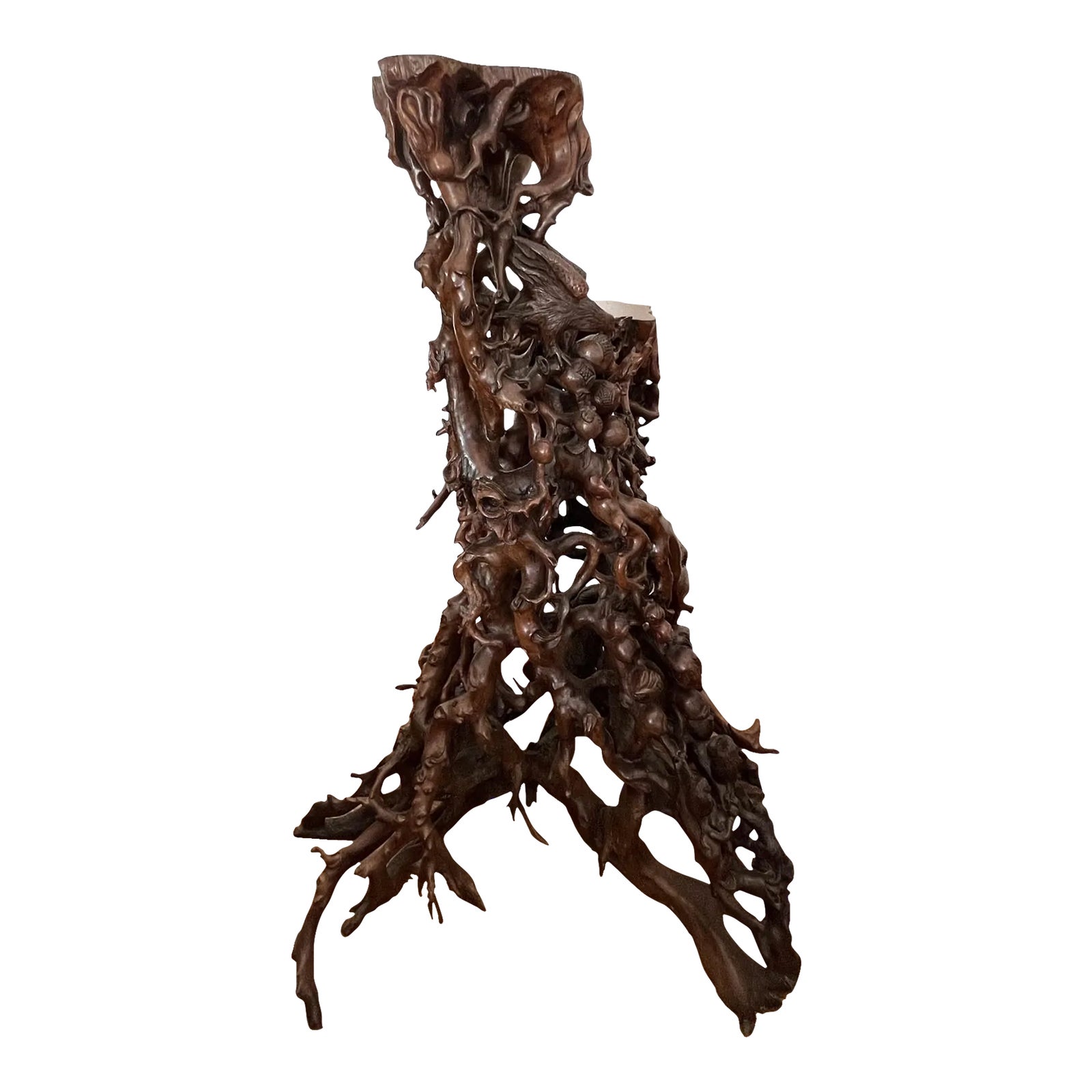 Vintage Tree Root Sculpture With Birds and Monkeys | Chairish