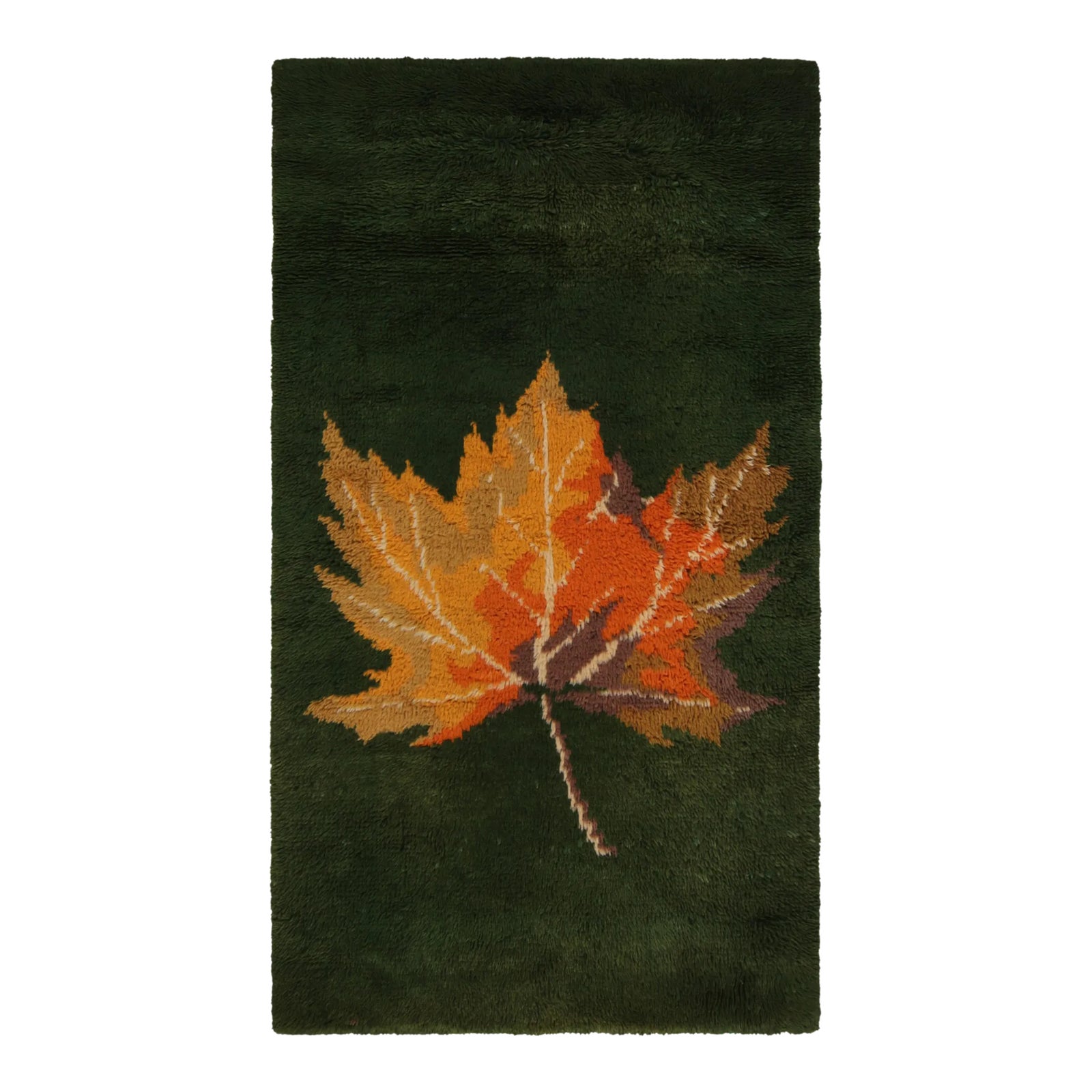 1950s Vintage Tulu Rug in Green With Orange and Gold Leaf Pictorial by ...