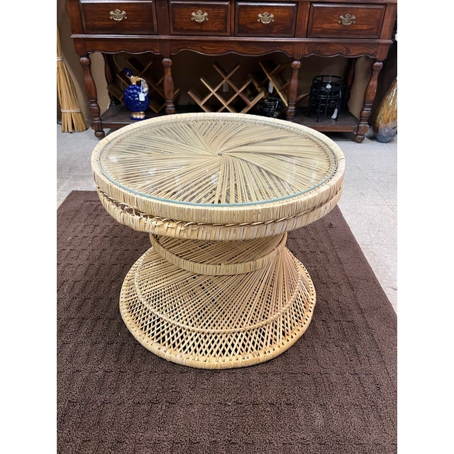 1970s Vintage Round Wicker Rattan Glass Top Side Table | Chairish