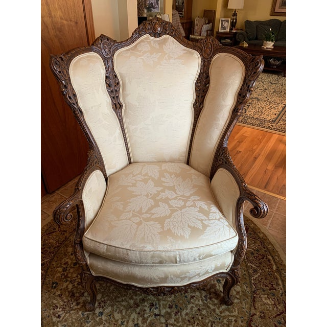 Vintage Victorian Style Damask Upholstery Wingback Chair | Chairish